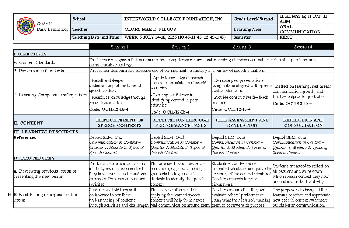 WEEK 5 LESSON LOG: ORAL COMMUNICATION (HUMSS 11) - Studocu