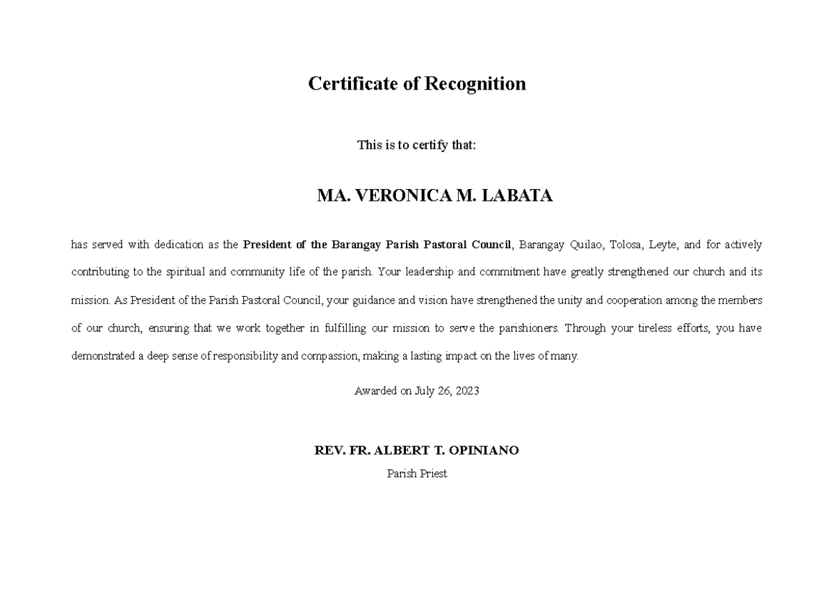 Certificate of Recognition for church leader - Certificate of ...