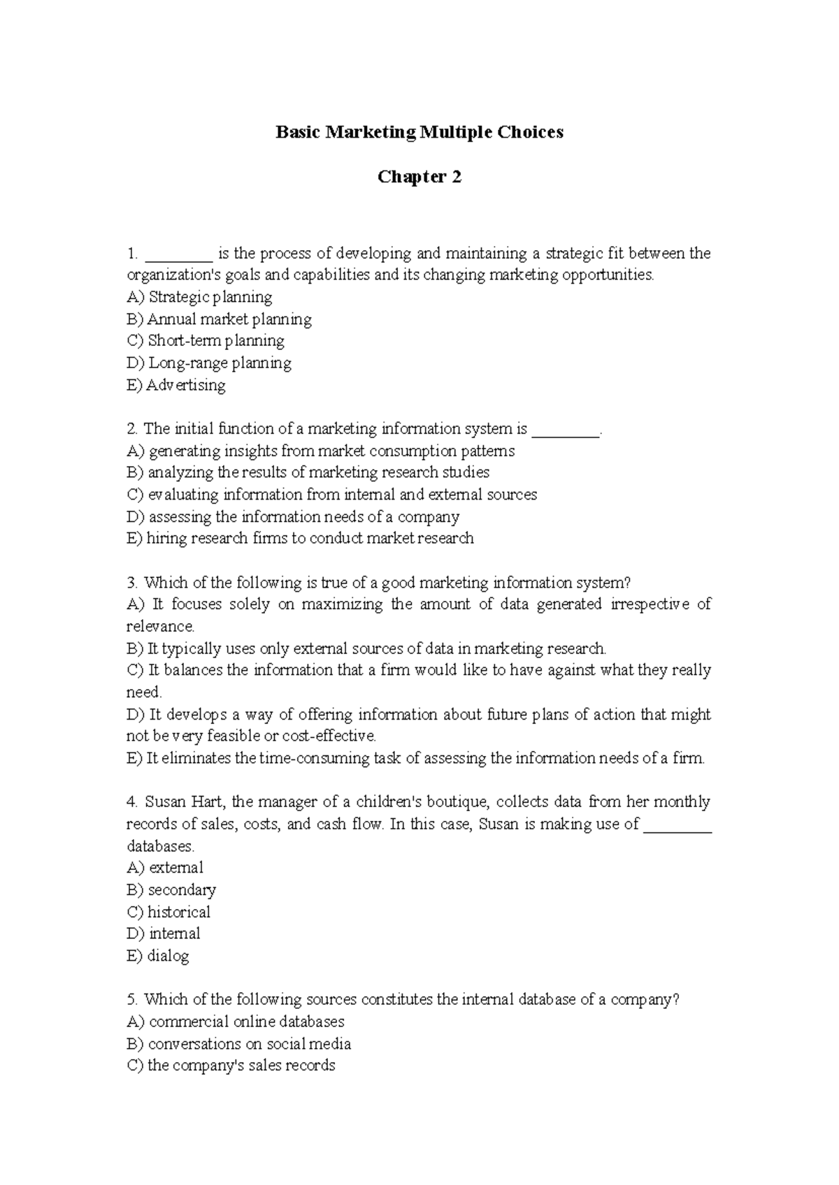 Multiple Choices (Chapter 2) - Basic Marketing Multiple Choices Chapter ...