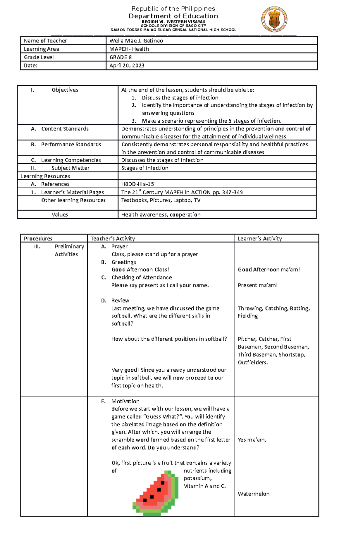 GRADE 8 MAPEH Lesson Plan: Understanding Stages of Infection - Studocu