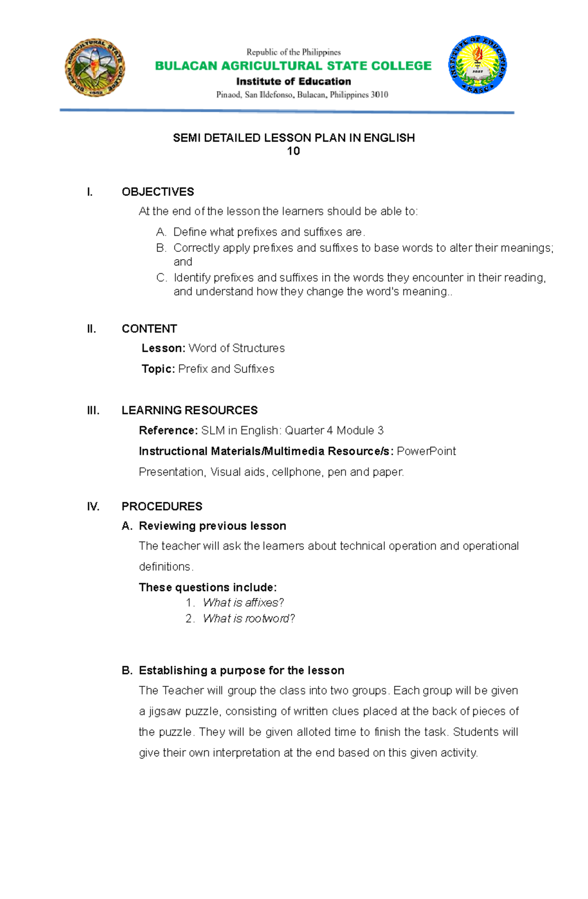 Prefix & Suffix - SDLP: A Semi-Detailed English Lesson Plan - Studocu