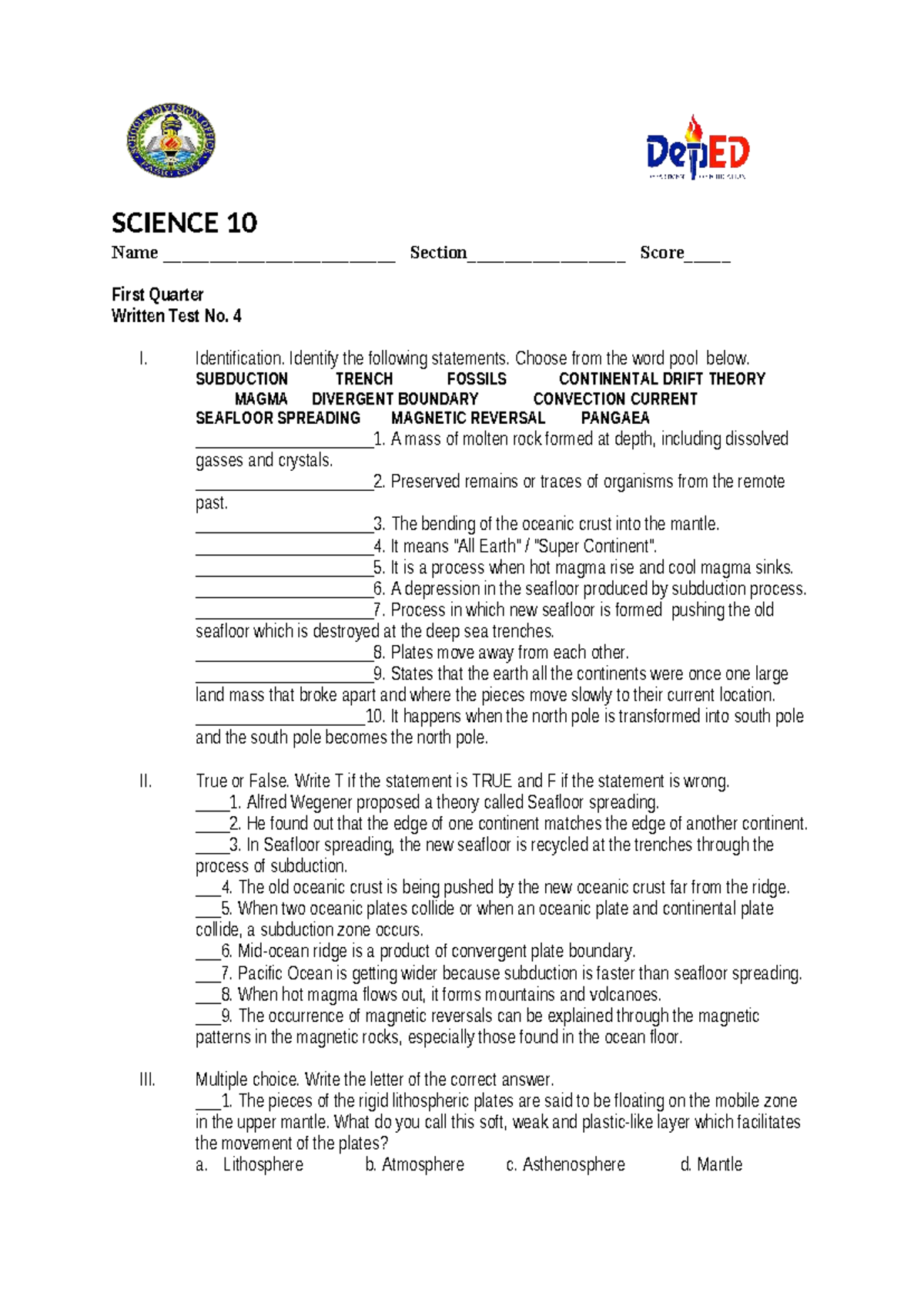 SCIENCE 10 2nd Summative Test: Earth Science Concepts and Terms - Studocu