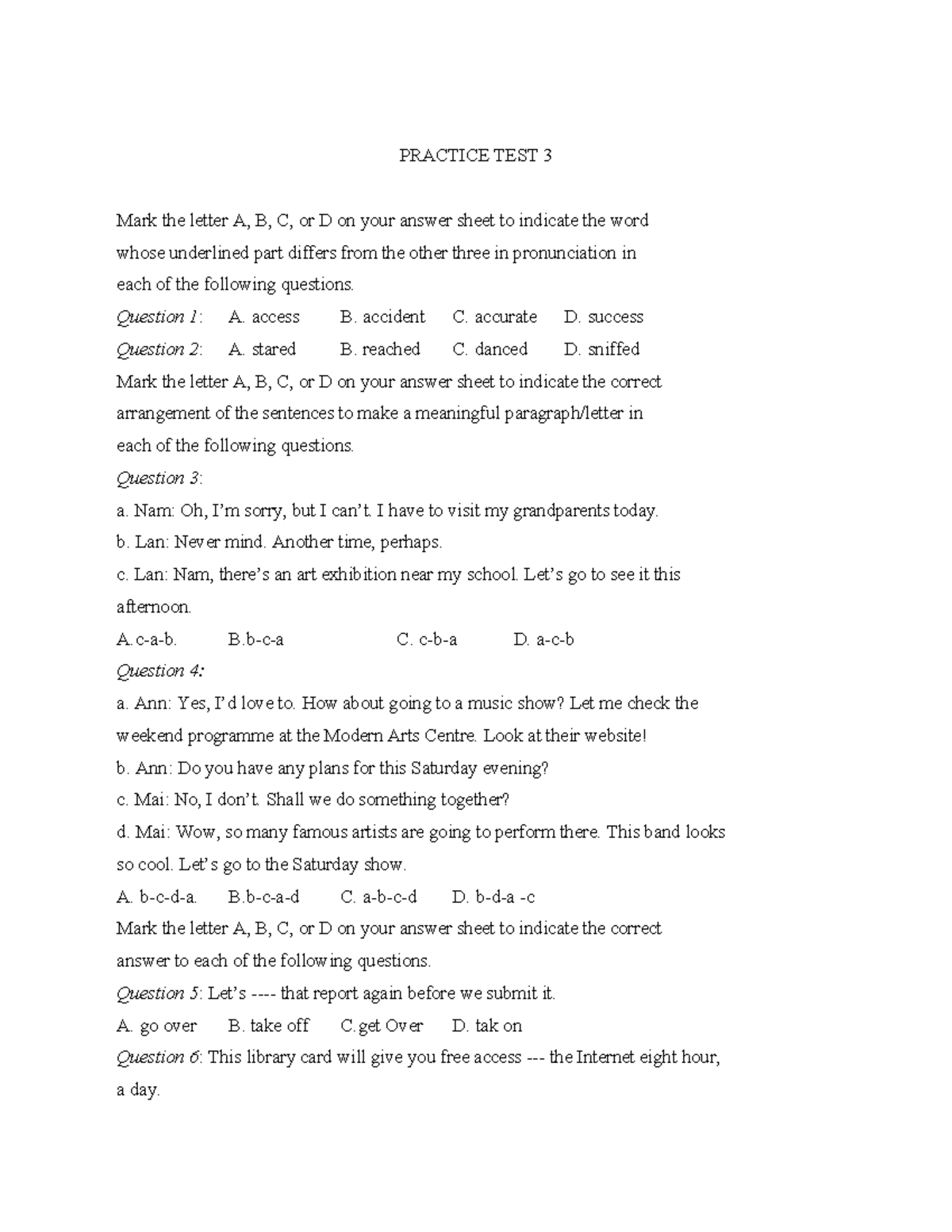 PRACTICE TEST 3: Pronunciation & Sentence Arrangement Questions - Studocu
