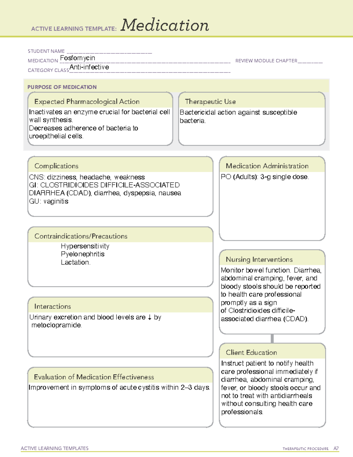 Fosfomycin: Active Learning Template for Therapeutic Procedures - Studocu