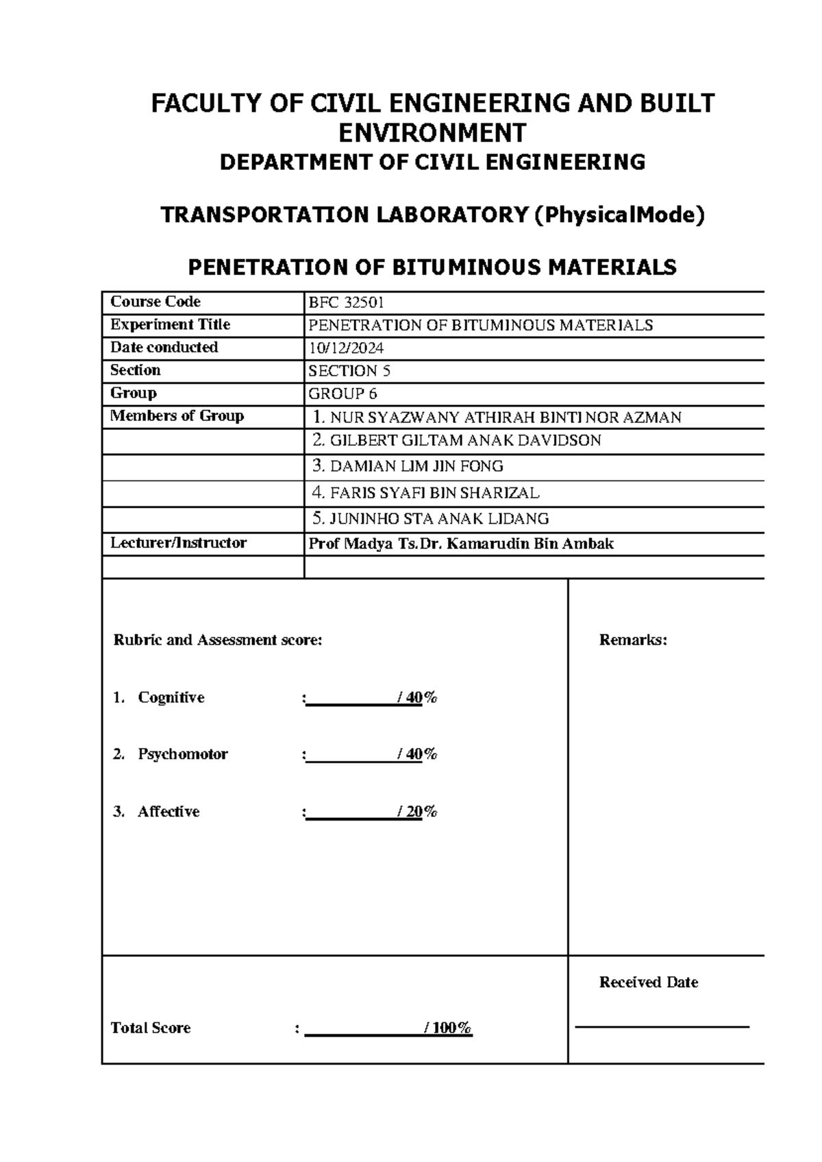 POBM Group 6(Transportation Lab)-S5 - FACULTY OF CIVIL ENGINEERING AND ...
