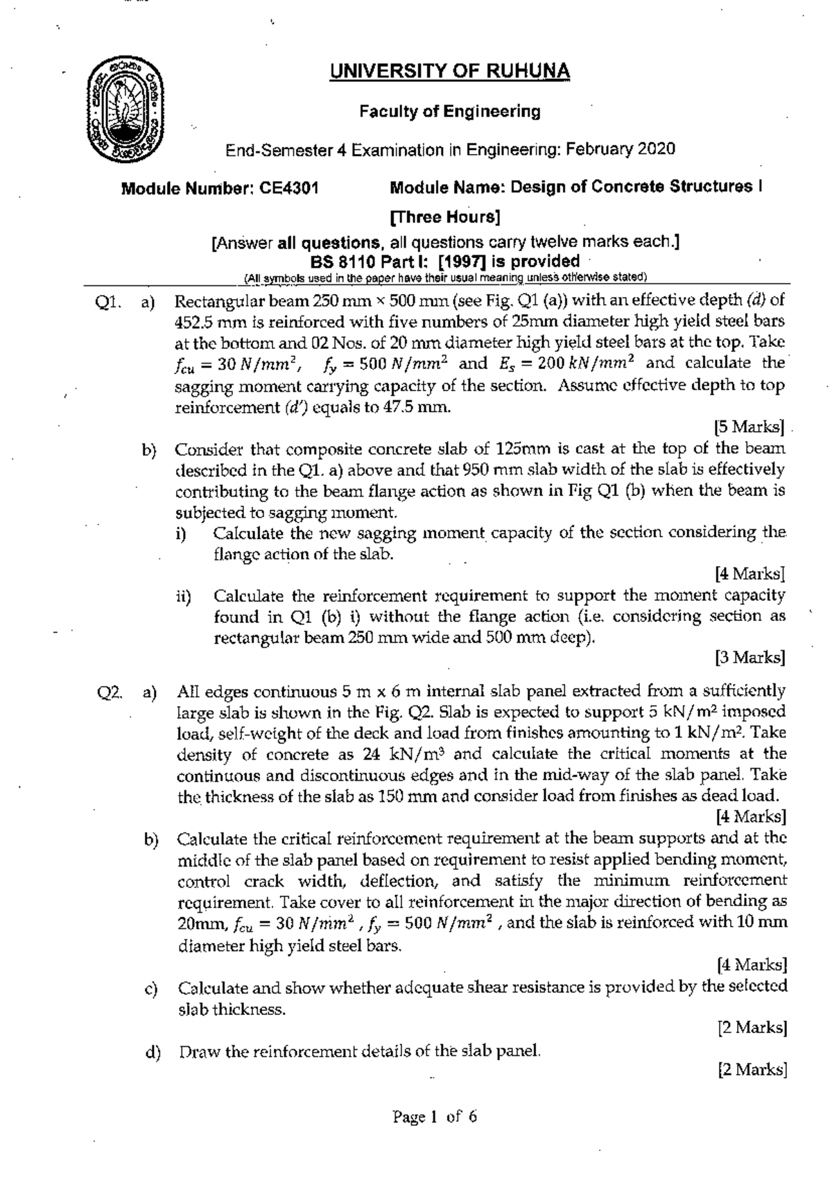 04 Feb. 2020 - CE4301 - Final Exam: Design of Concrete Structures - Studocu