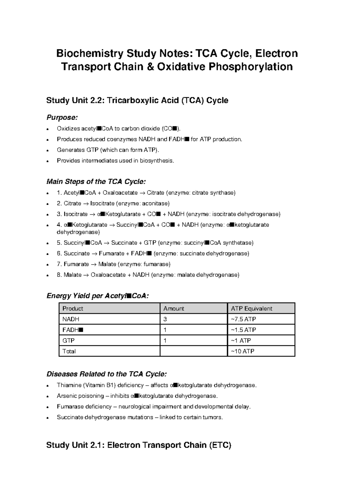 Biochemistry Study Notes: TCA Cycle & ETC (Unit 2.2) - Studocu
