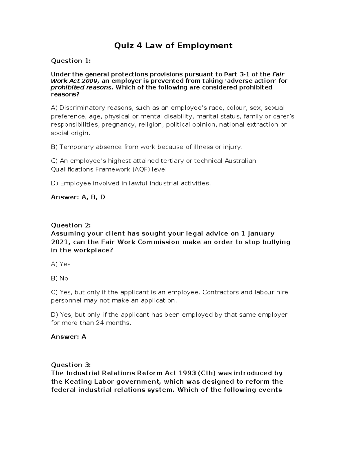 Quiz 4: Employment Law Questions and Answers - Studocu