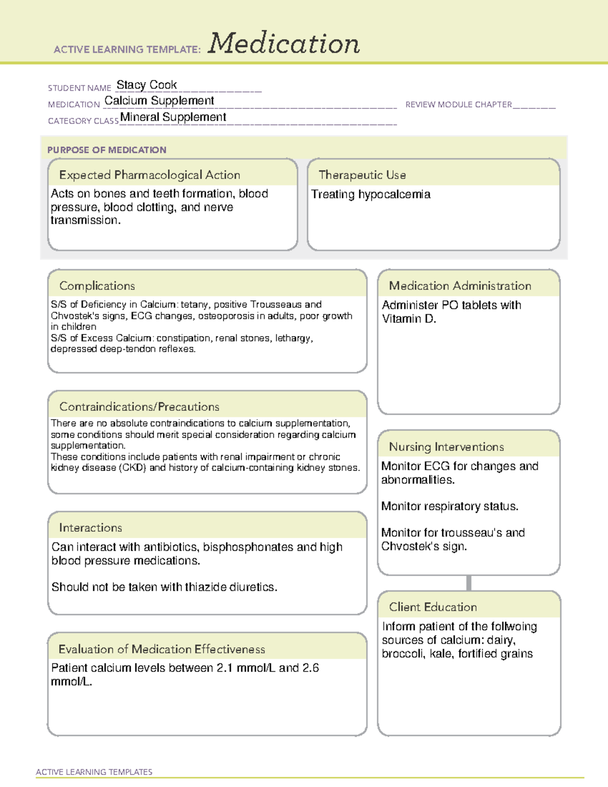 Calcium Supplement Template - Active Learning Module for Nursing - Studocu
