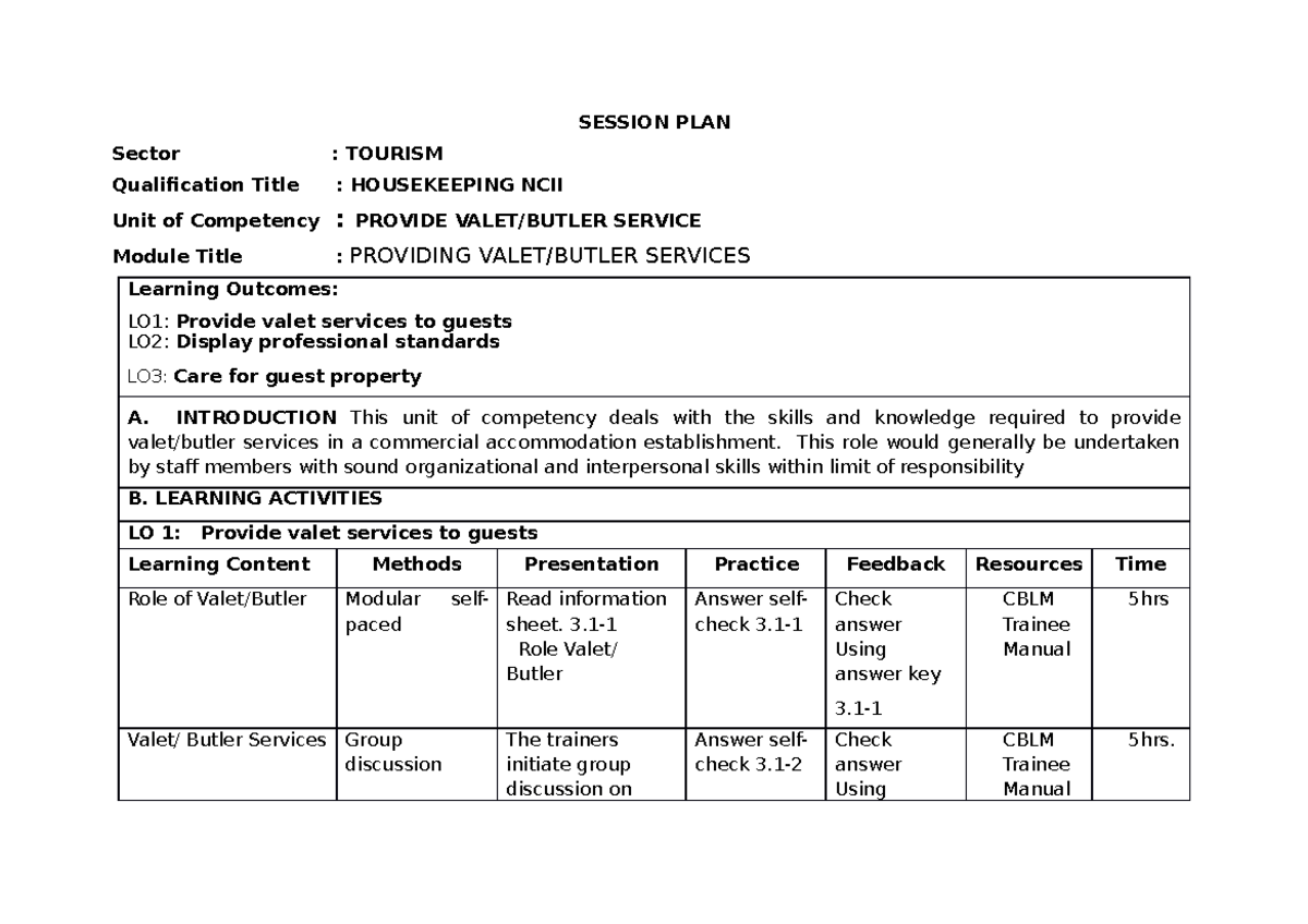 UC 3: Valet/Butler Services Session Plan for Housekeeping NCII - Studocu