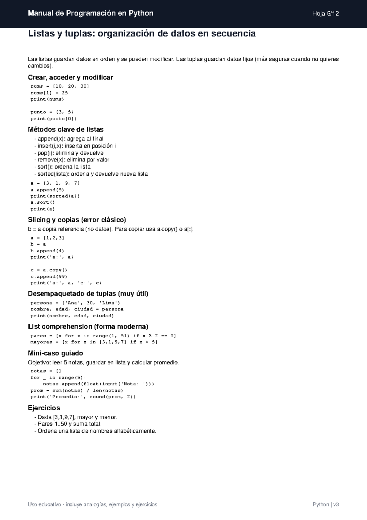 Manual de Programación en Python - Listas y Tuplas (Hoja 06) - Studocu