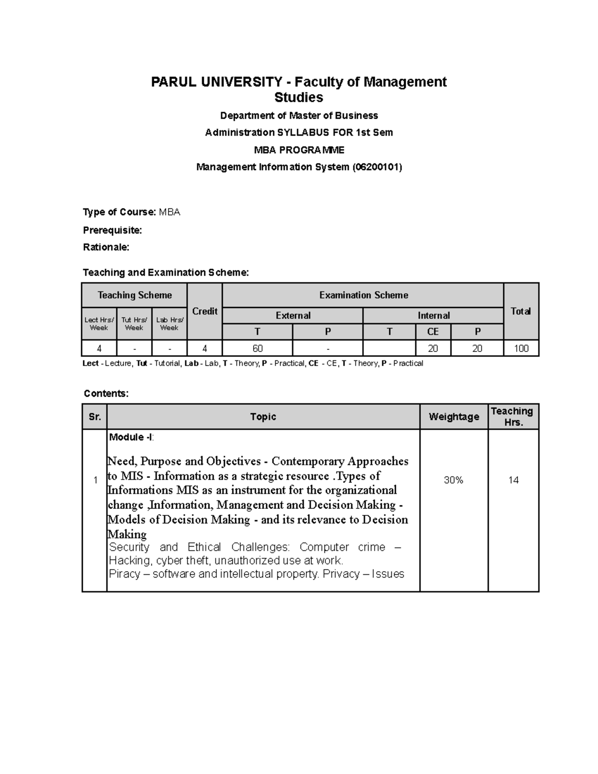 Revised Syllabus for Management Information System (06200101) - MBA 1st ...