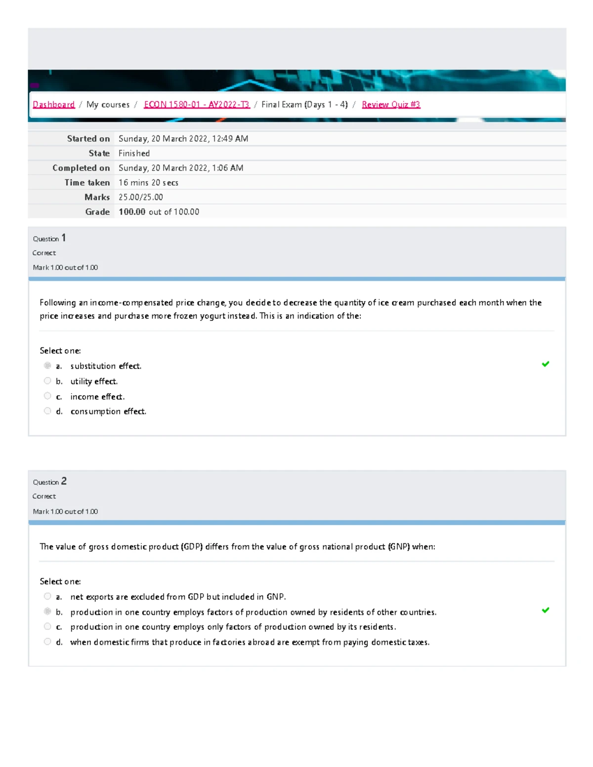 ECON 1580 Review Quiz #2 Attempt review - Started on Sunday, 20 March 2022, 12:34 AM State ...