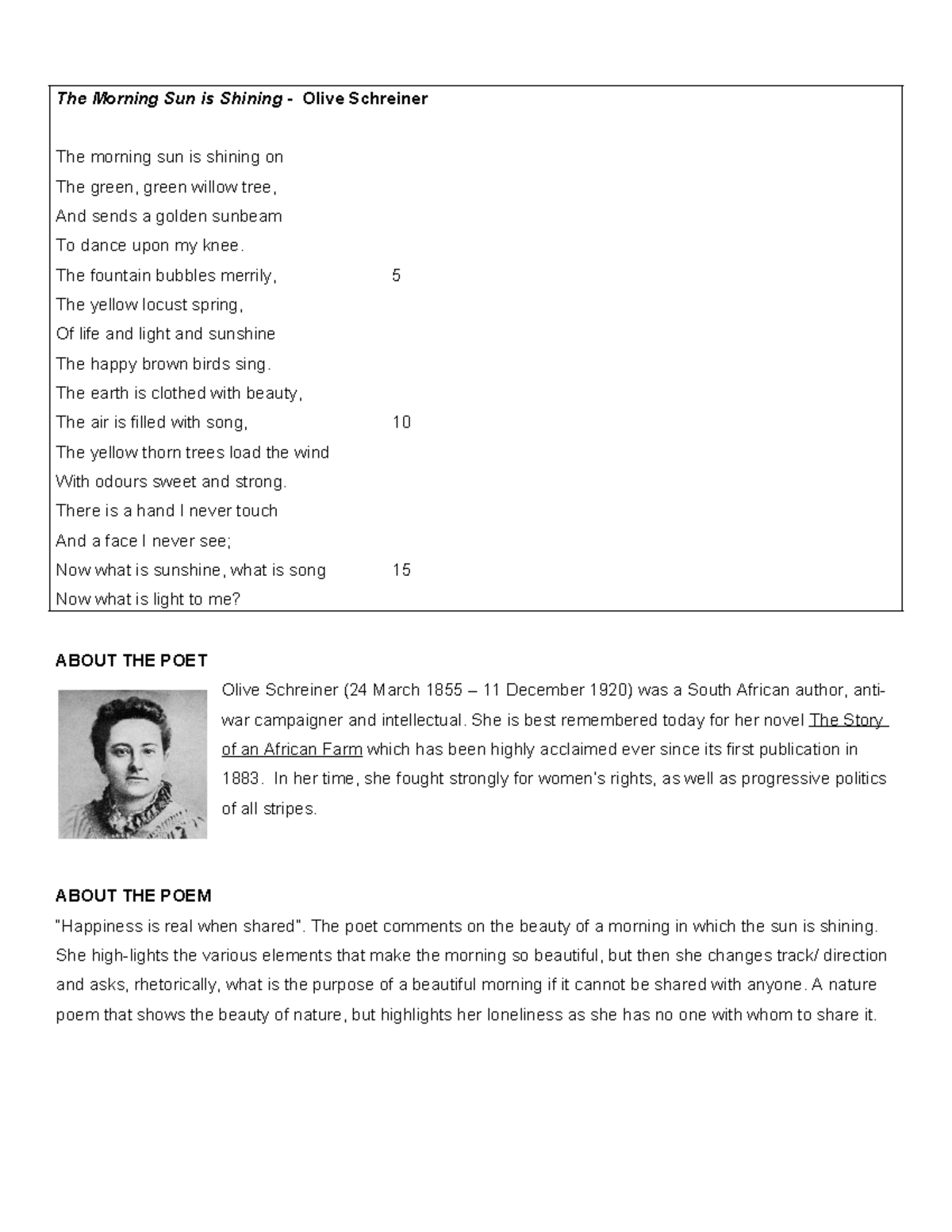Analysis of "The Morning Sun is Shining" by Olive Schreiner - Studocu