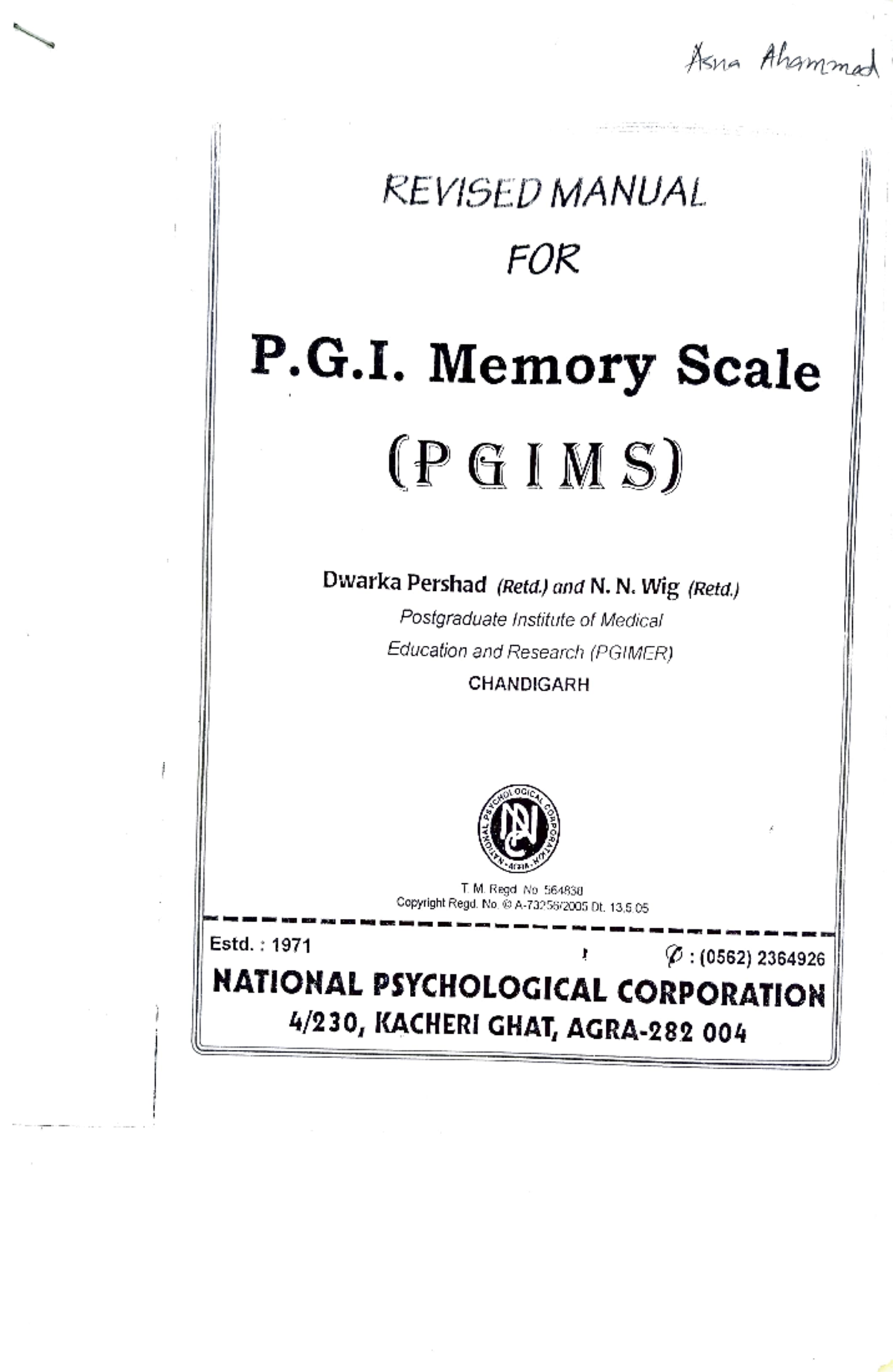 Revised Manual for the PGI Memory Scale (PGIMS) - Studocu