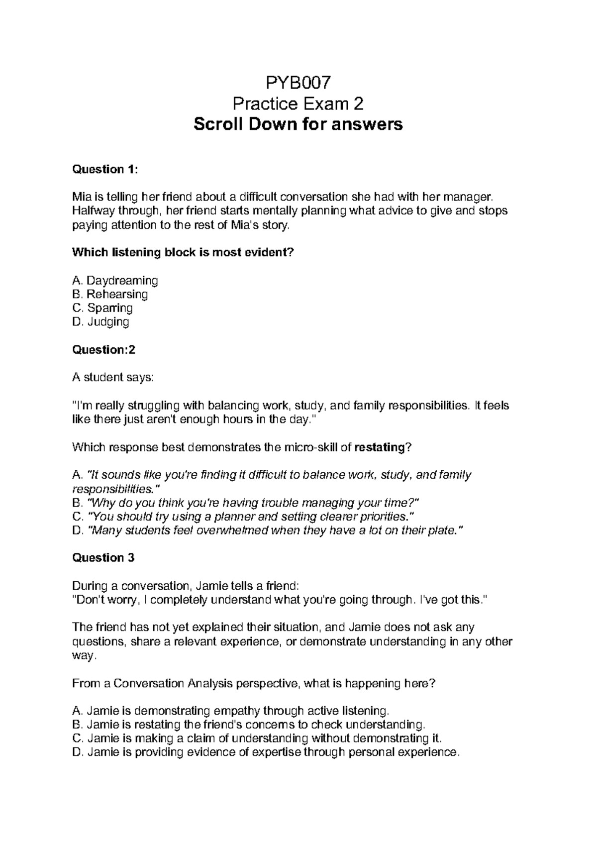PYB007 2026 Practice Exam 2: Listening and Communication Skills - Studocu