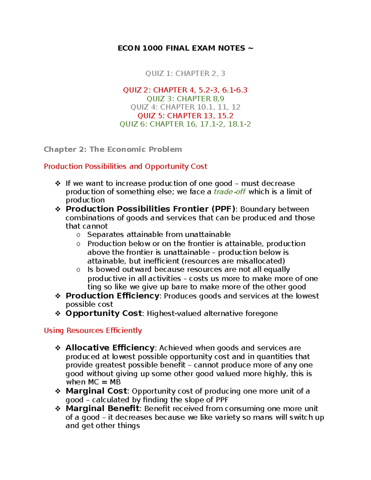 ECON 1000 Final Exam Study Notes: Key Concepts & Chapter Summaries ...