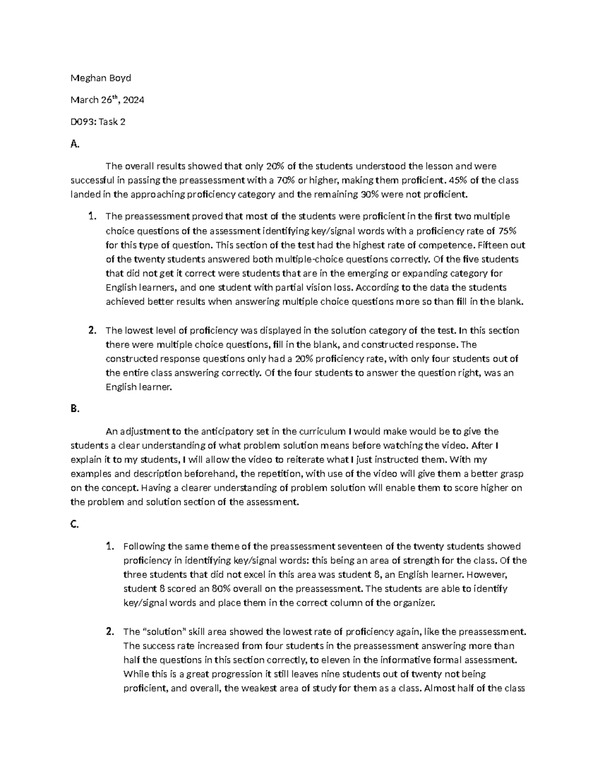 D093 Task 2 Analysis and Adjustments to Improve Student Proficiency ...