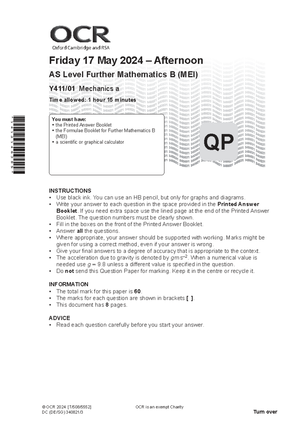 AS Level Further Mathematics B (MEI) Mechanics A QP - May 2024 - Studocu