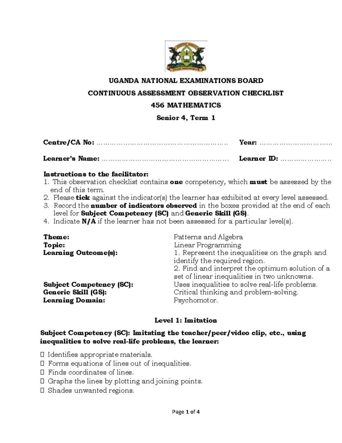 456 S4 T1 - Continuous Assessment Observation Checklist for Mathematics ...