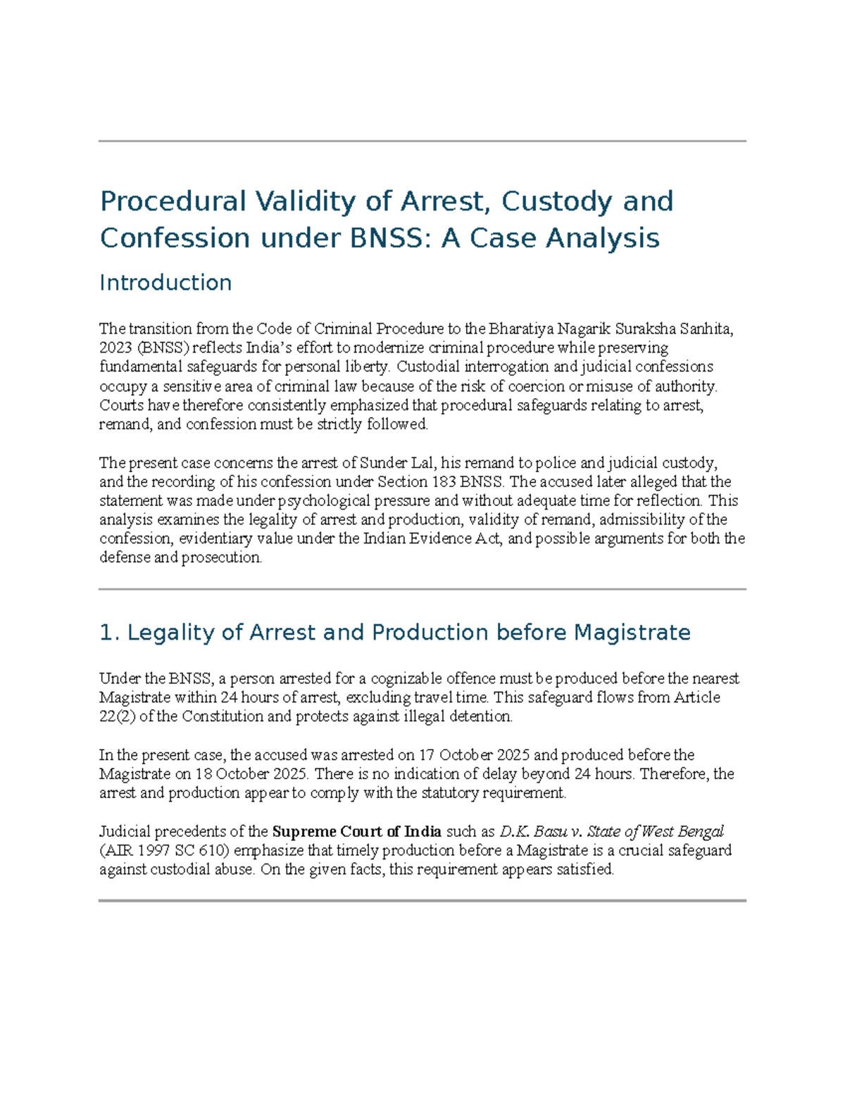 Procedural Validity of Arrest, Custody & Confession under BNSS: Case ...