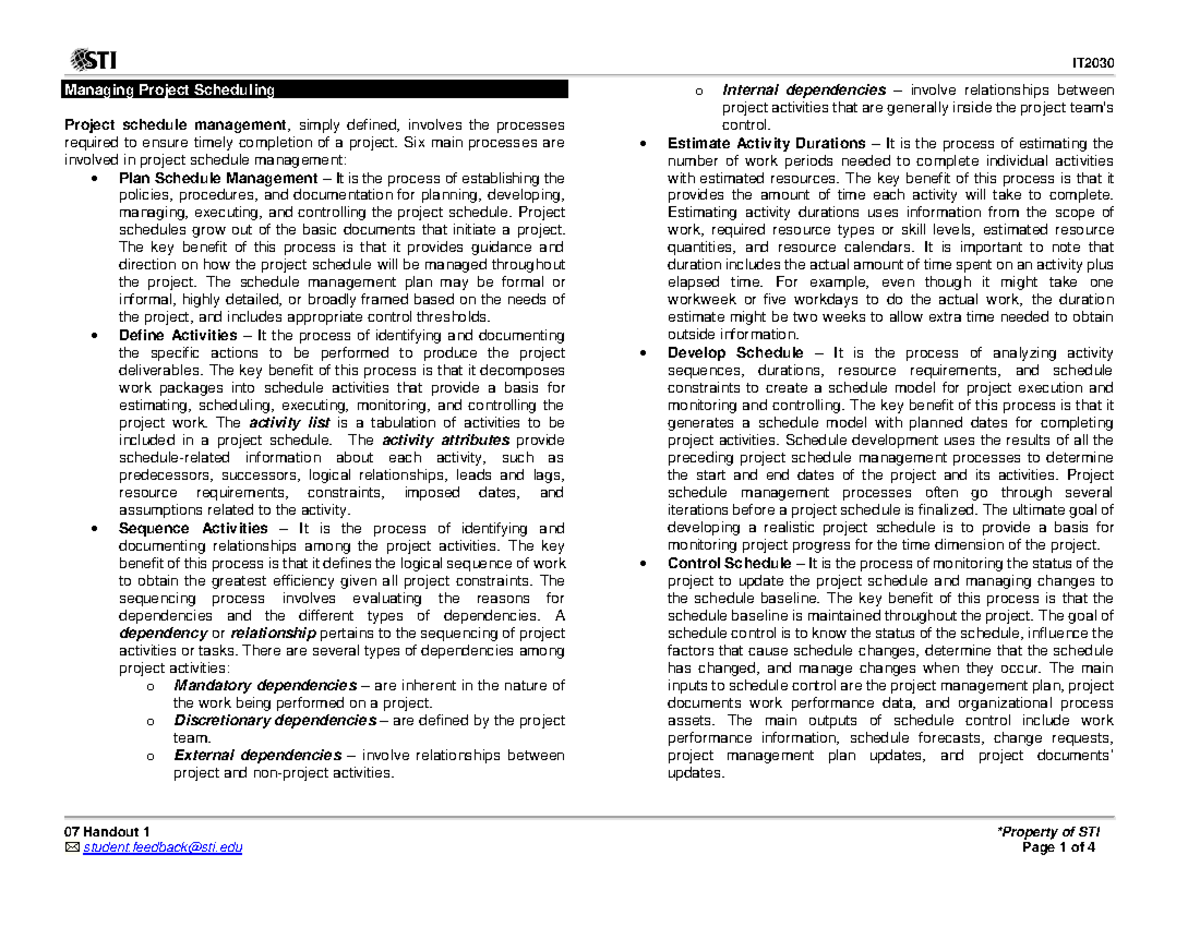 IT2030 Project Schedule Management: Key Processes & Common Issues - Studocu