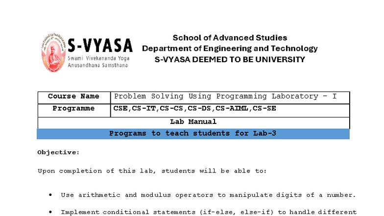 BTCS122 Lab Manual: Problem Solving Using Programming I - Module 1 ...