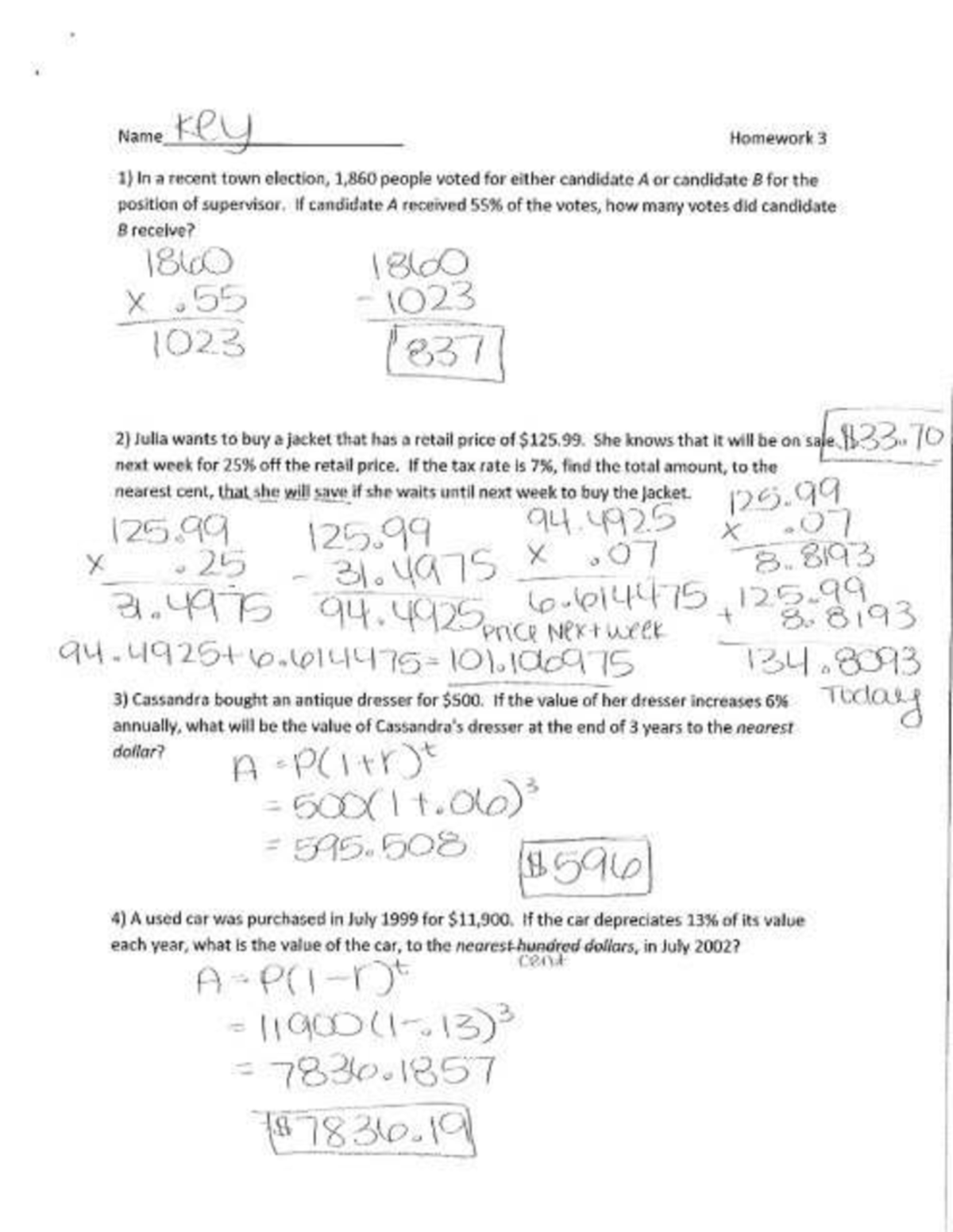 Math Homework 3: Election Votes, Jacket Price, and Car Depreciation ...