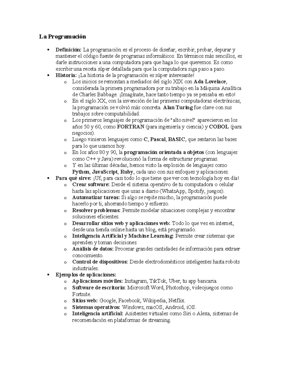 Programación: Definición, Historia y Lenguajes (Curso: PROG101) - Studocu