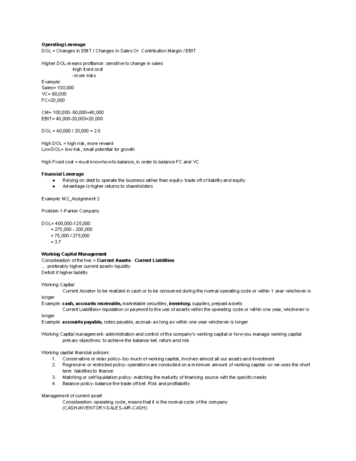 Midterm Review: Operating Leverage & Working Capital Management (FIN 301) - Studocu