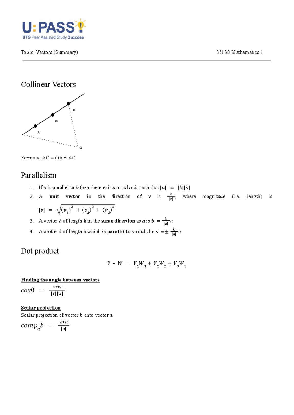 Vectors Summary - Lecture Notes 33130 Mathematics 1 - Studocu
