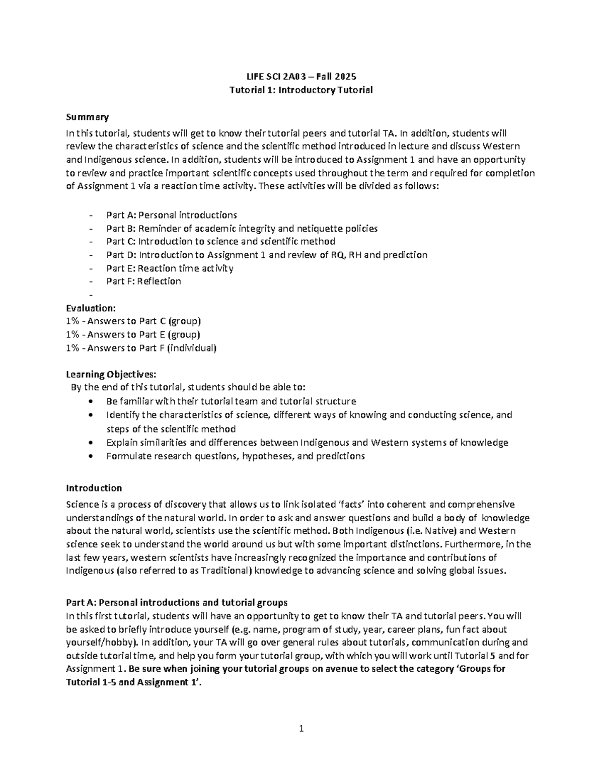 LIFE SCI 2A03 Fall 2025 Tutorial 1: Intro to Science & Assignment 1 ...