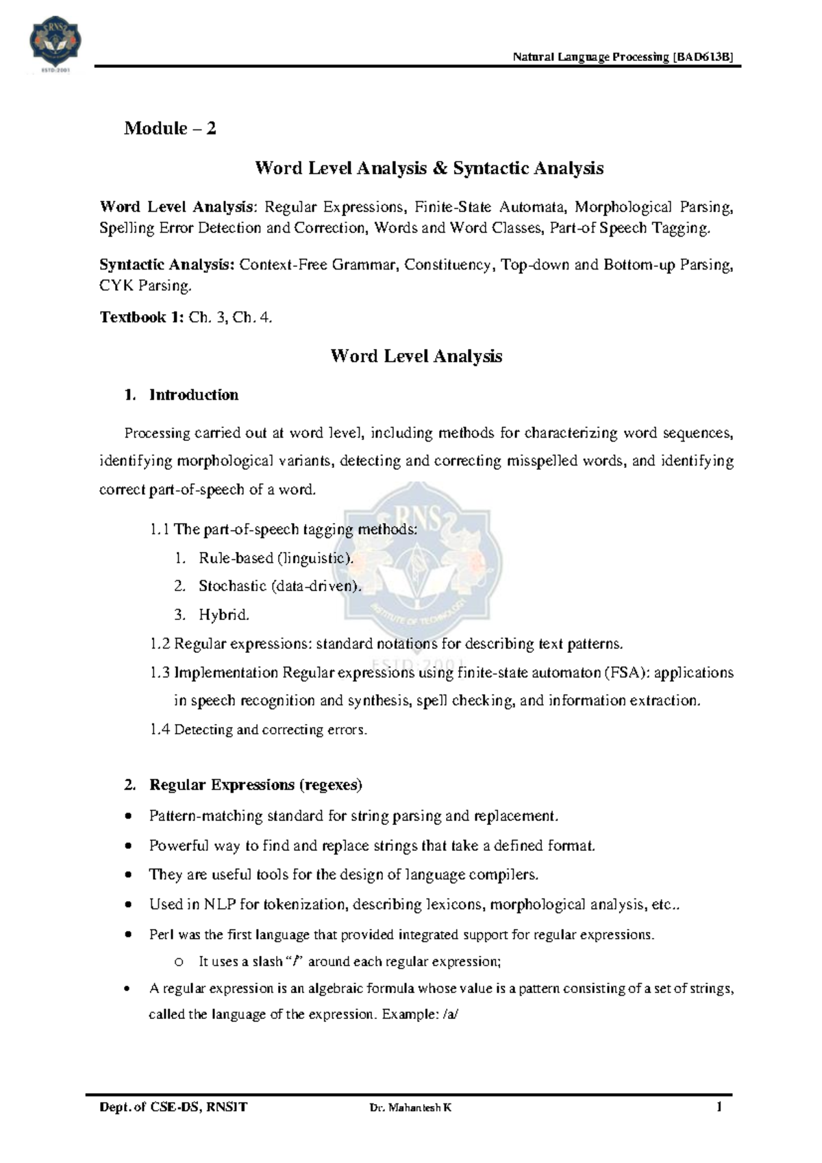 Module 2 NLP BAD613B: Word Level & Syntactic Analysis Notes - Studocu