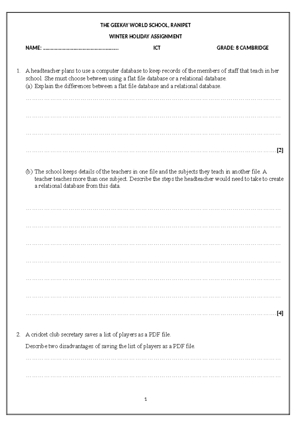 Grade 8 - Worksheet - THE GEEKAY WORLD SCHOOL, RANIPET WINTER HOLIDAY ...