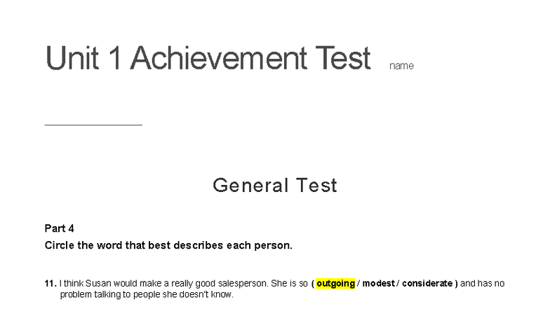 General Test 1 - Unit 1 Achievement Test on Personal Qualities - Studocu