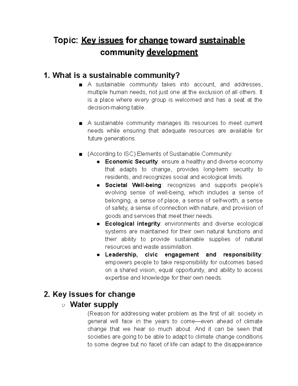 Key issues for change toward sustainable community development - It is ...