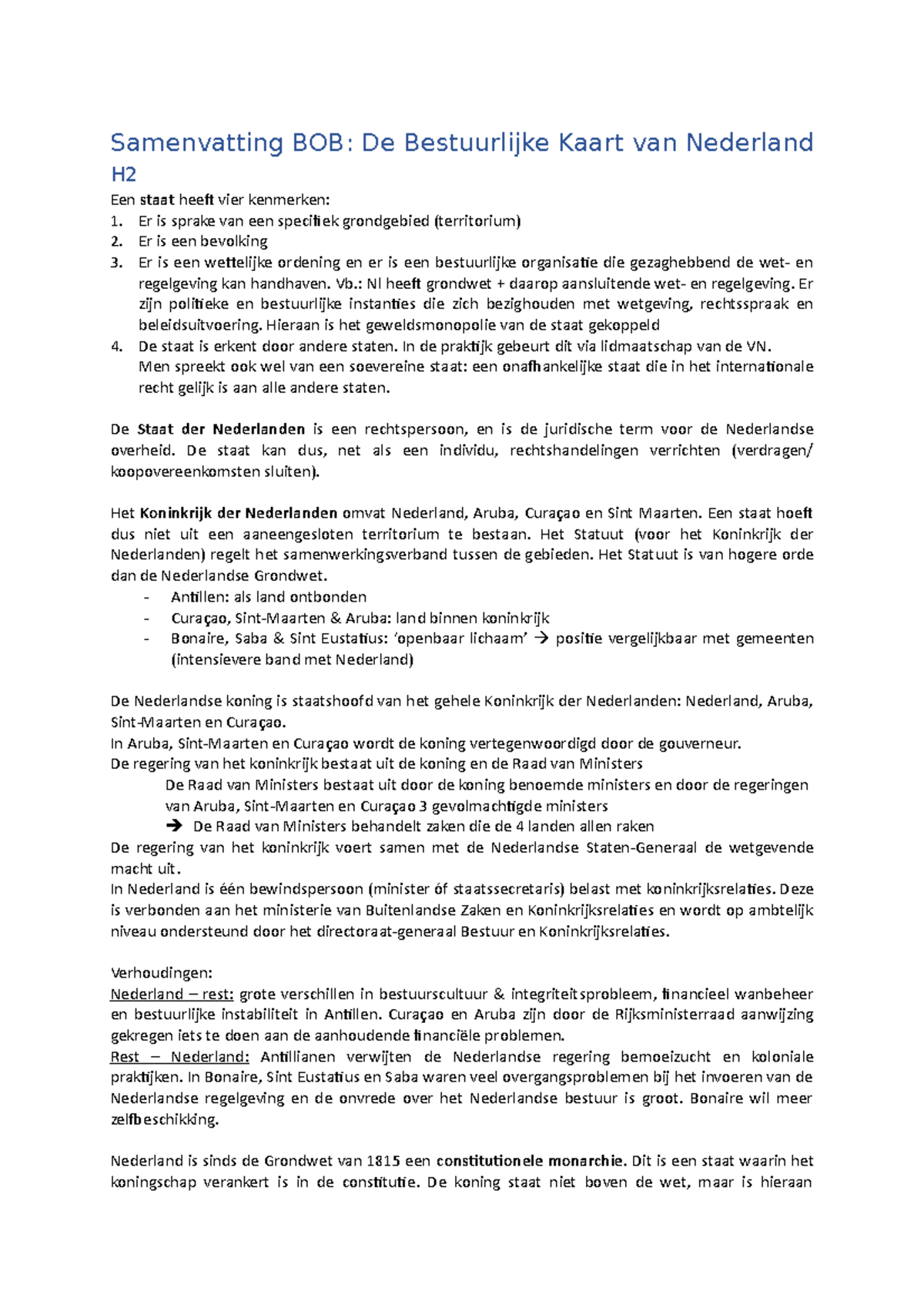 Samenvatting BOB: Nederland's Bestuurlijke Structuur & Kenmerken ...