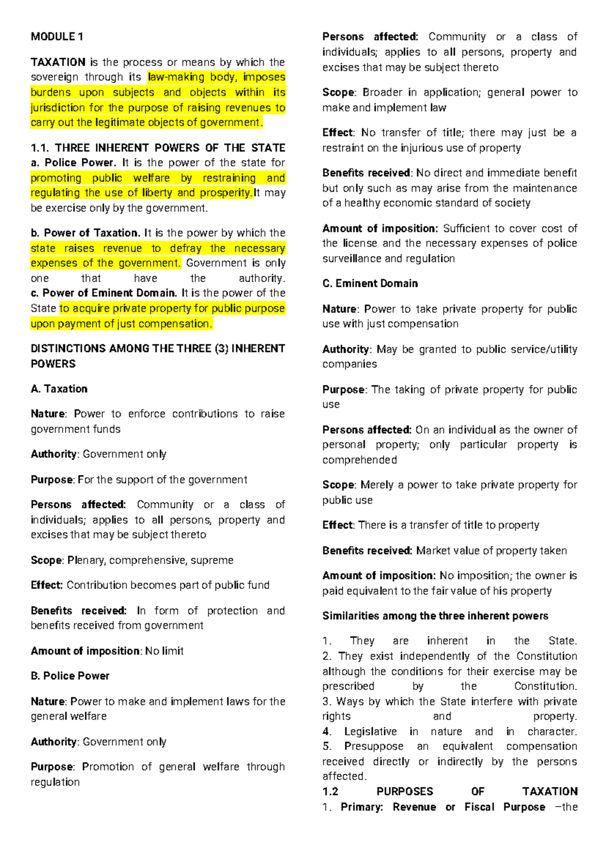 MODULE 1: INHERENT POWERS OF TAXATION (INTAX) - Studocu