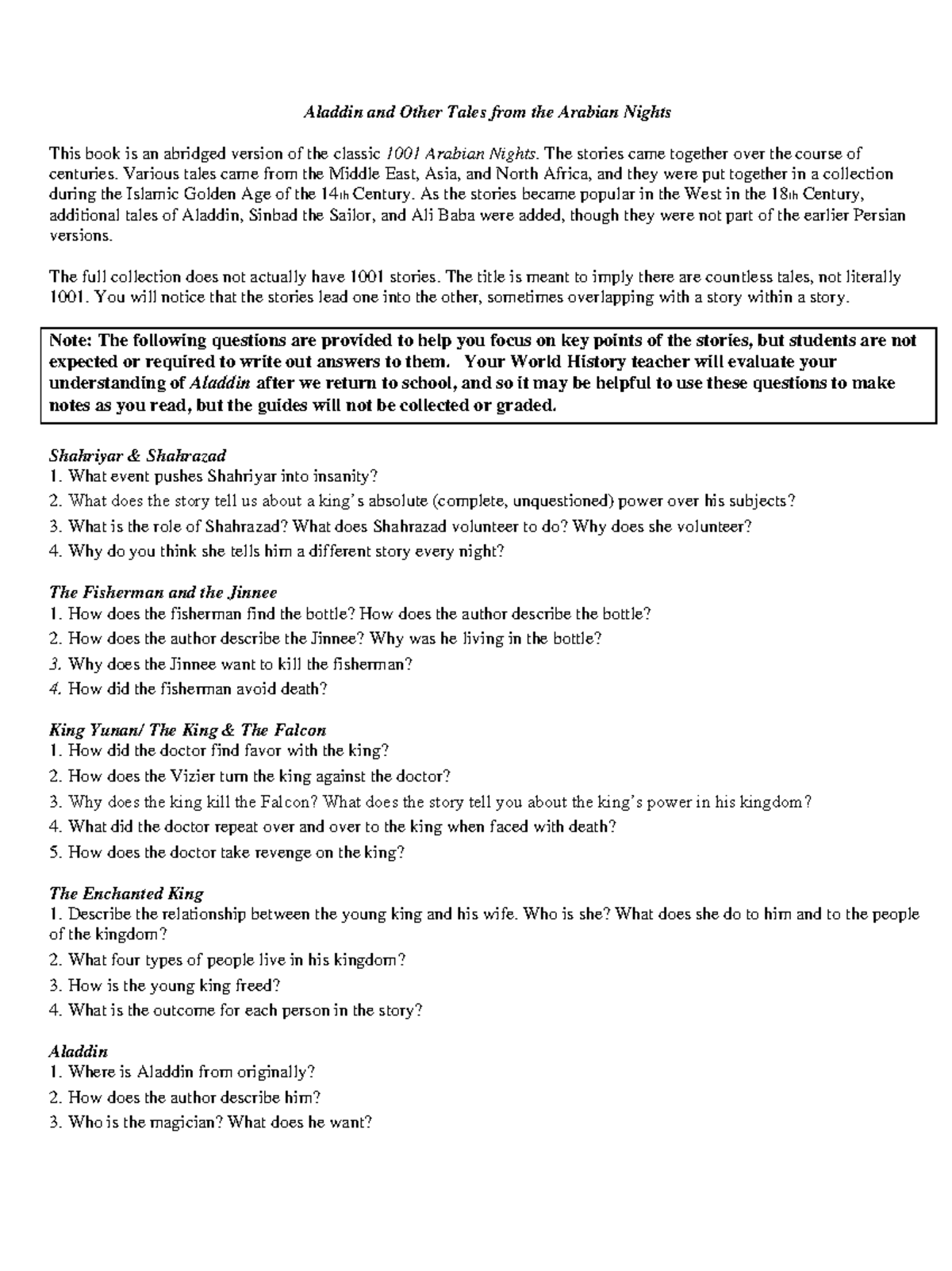 Arabian Nights: Key Reading Questions & Themes Exploration - Studocu