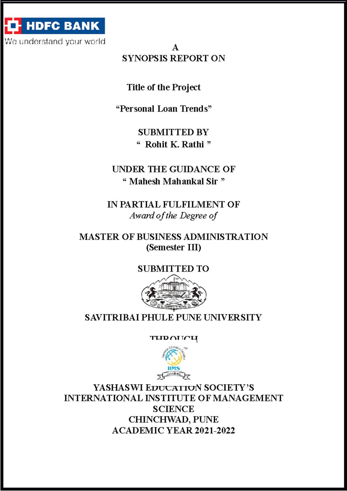 HDFC 1 - Project Report on Personal Loan Trends for MBA - Studocu