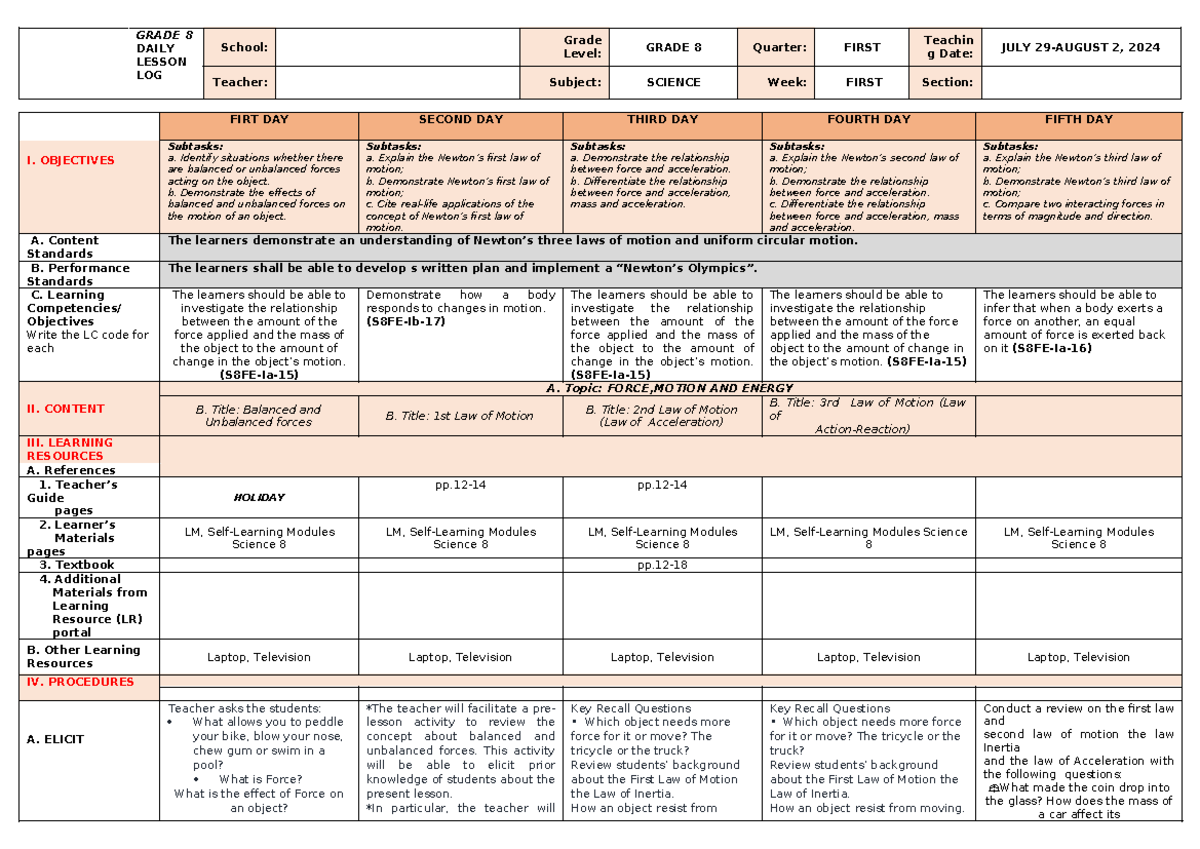 DLL Grade 8 Science Daily Lesson Log: Newton's Laws of Motion - Studocu