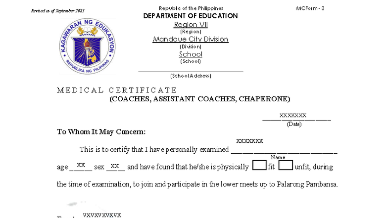 Medical Certificate for Coaches & Chaperones (MCForm 3) 2025 - Studocu