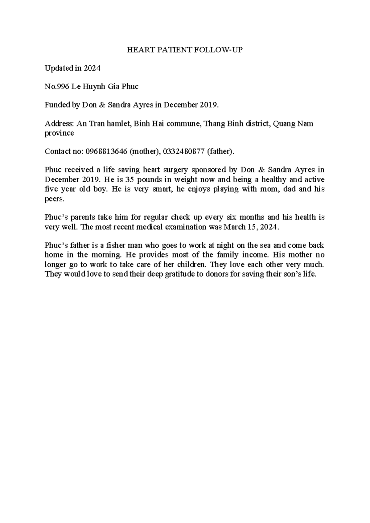 An update on heart patient No.996 Le Huynh Gia Phuc funded Don & Sandra ...