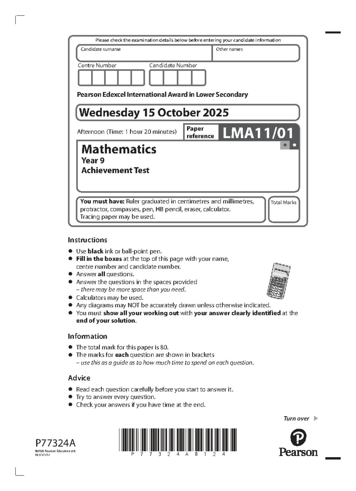 LMA11 01 1025 Year 9 Mathematics Achievement Test Instructions - Studocu