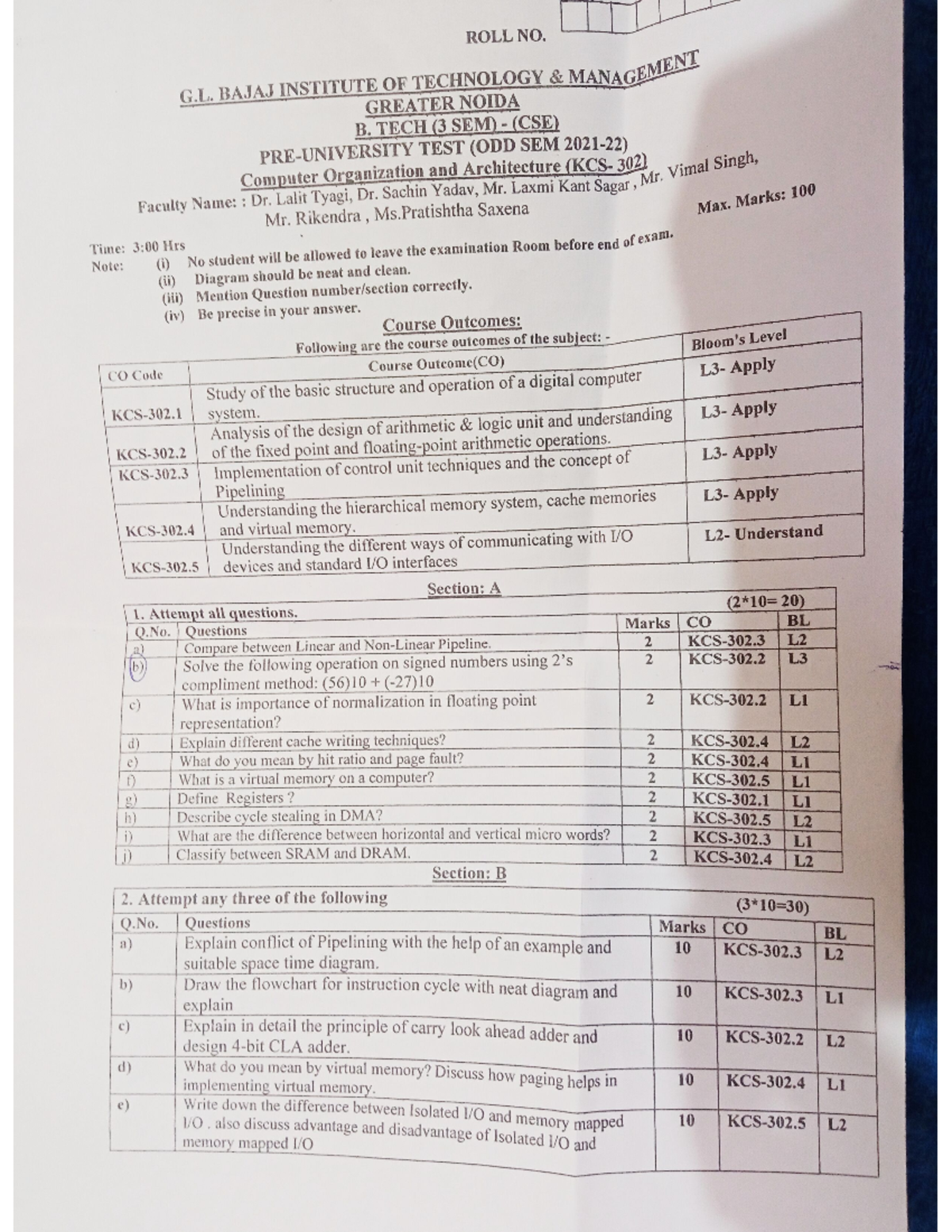 CSE COA Internal Exam - Most Important Question Paper for B. Tech 3rd ...