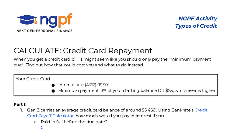 Kulawik - NGPF Activity: Credit Card Repayment Calculation - Studocu