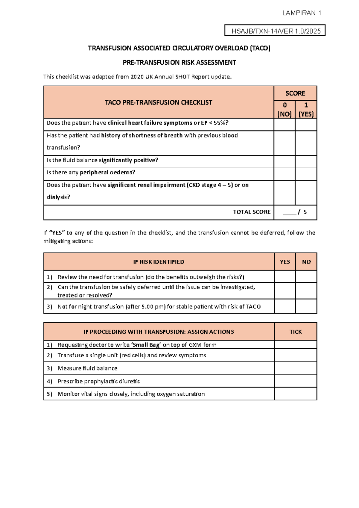 LAMPIRAN 1: TACO Pre-Transfusion Risk Assessment Checklist Hsajb 2024 ...