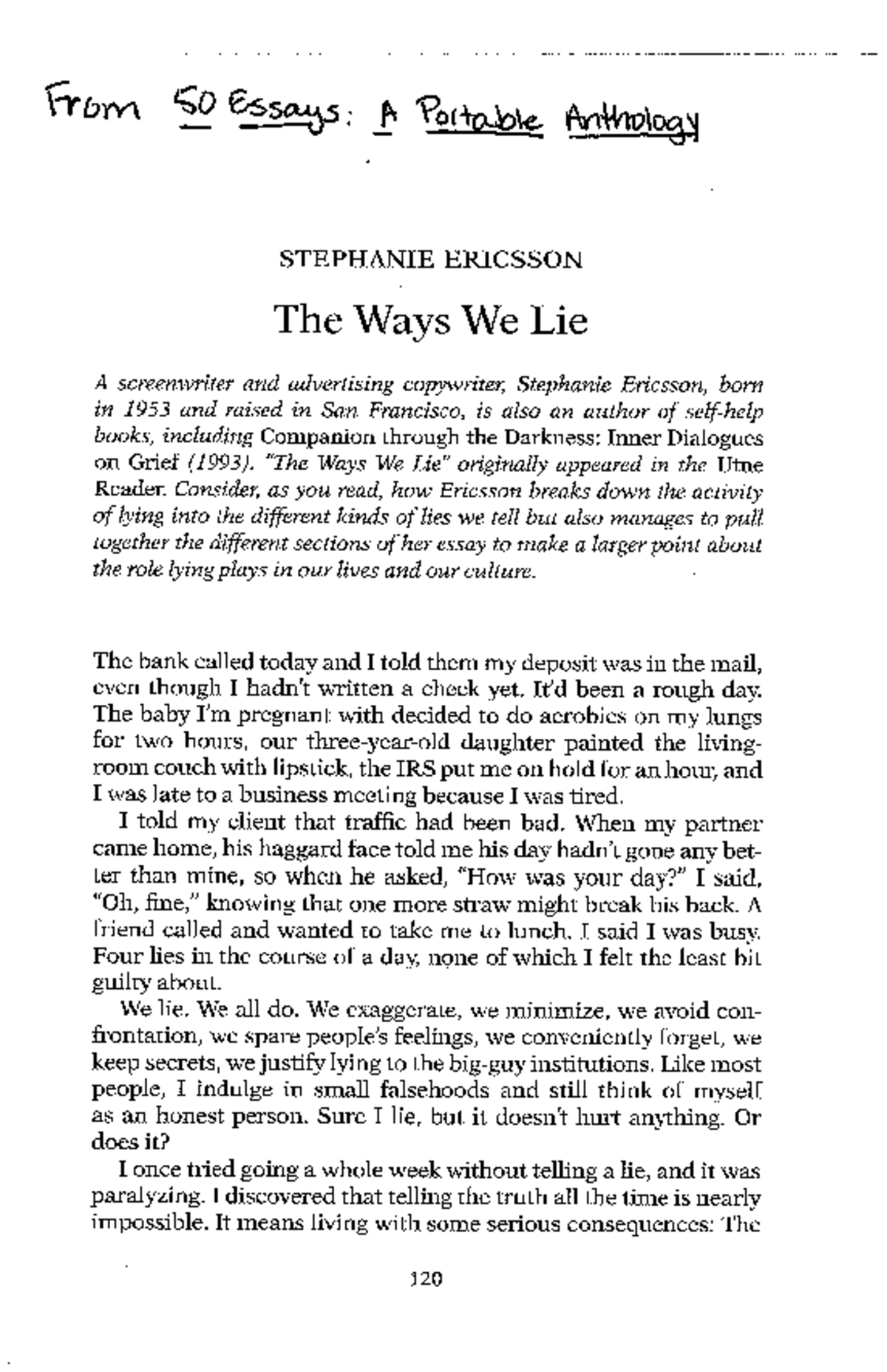 The Ways We Lie: Analyzing Stephanie Ericsson's Essay - Studocu
