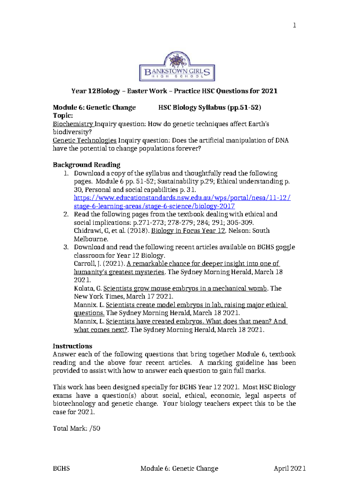 BGHS Year 12 Biology Easter Work: Module 6 Genetic Change 2021 - Studocu