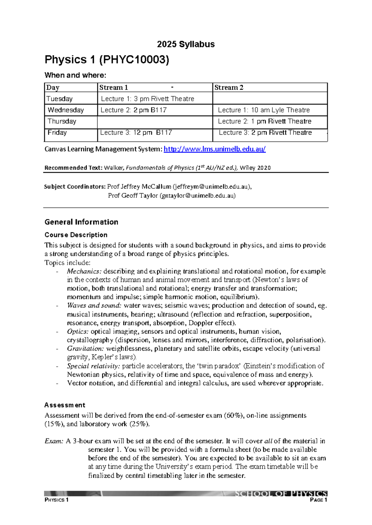 PHYC10003 Syllabus: Physics 1 Semester 1 2025 Overview - Studocu